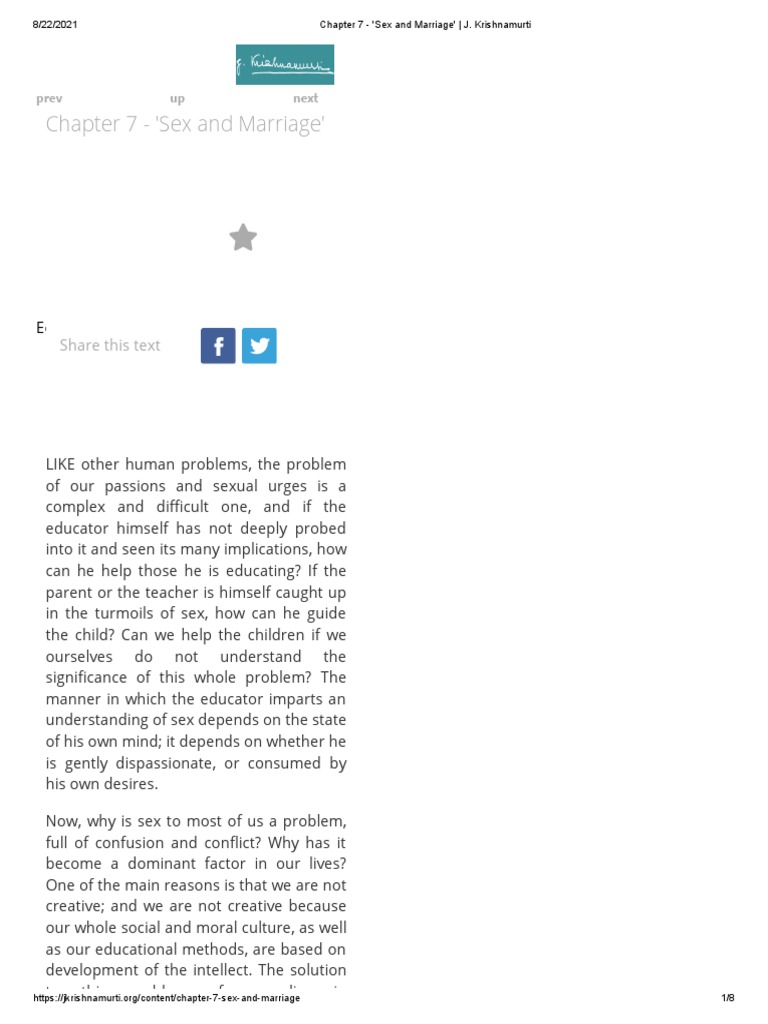 Chapter 7 Sex And Marriage J Krishnamurti Pdf Chastity Thought 