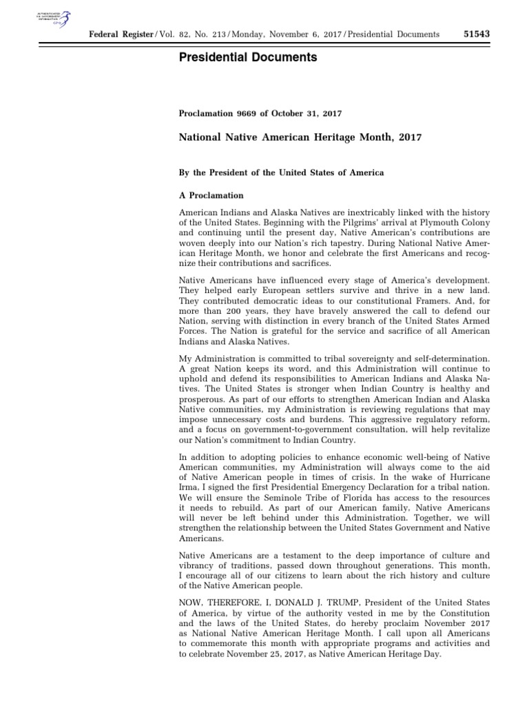 Presidential Documents: National Native American Heritage Month, 2017 ...