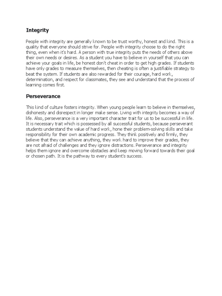 Integrity and Perseverance in Students | PDF