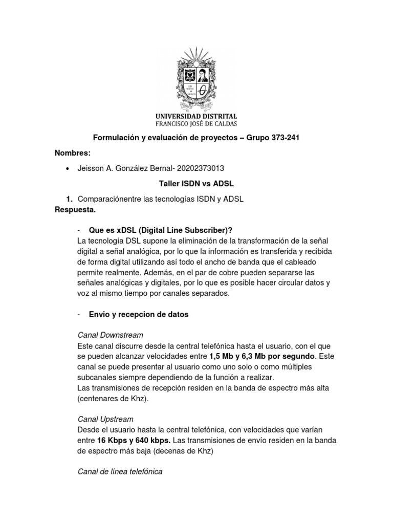 Taller Redes ISDN Vs ADSL | PDF | Línea de abonado digital | Tecnología ...