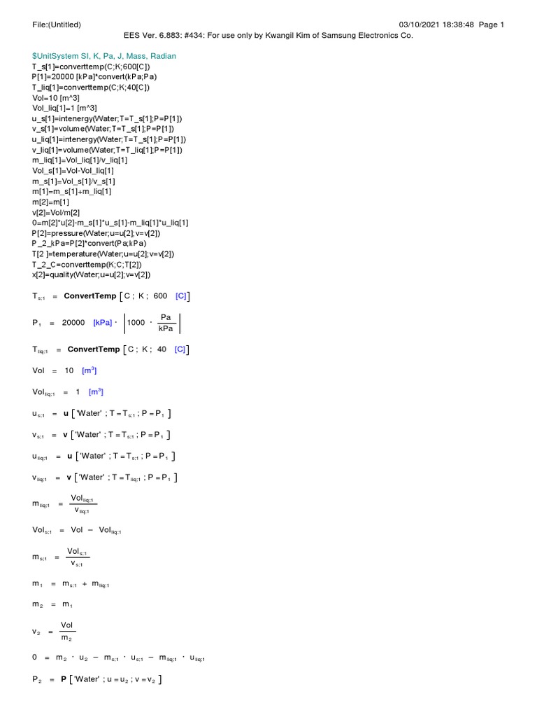EES Thermodynamic Analysis | PDF | Equations | Mathematics