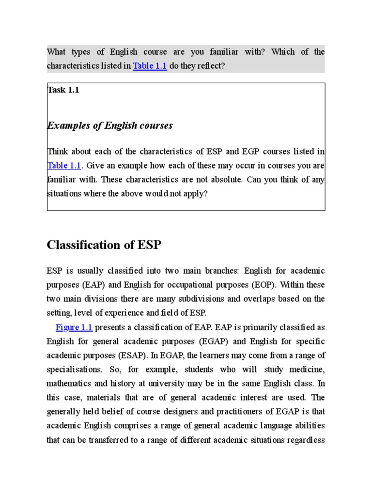 Classification of ESP: Examples of English Courses | PDF | Learning ...
