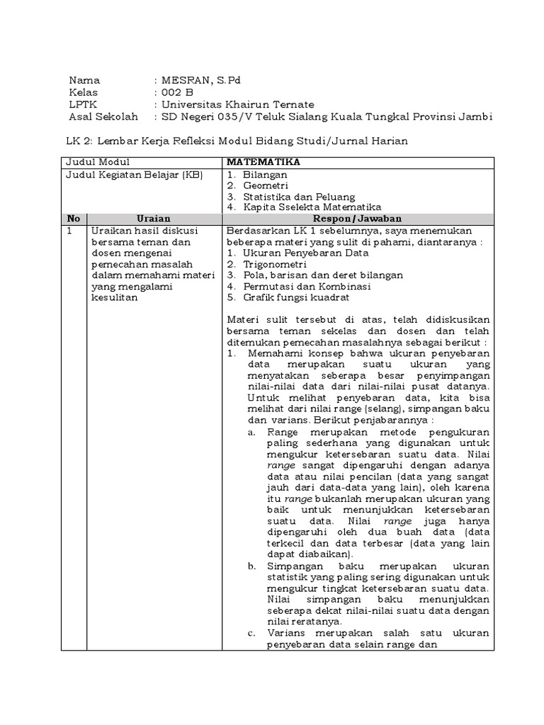 LK 2 - Lembar Kerja Refleksi Modul Bidang StudiJurnal Harian (Matematika) Mesran | PDF