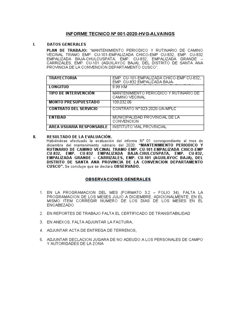 Informe Tecnico #001 2021 Empalizada | PDF