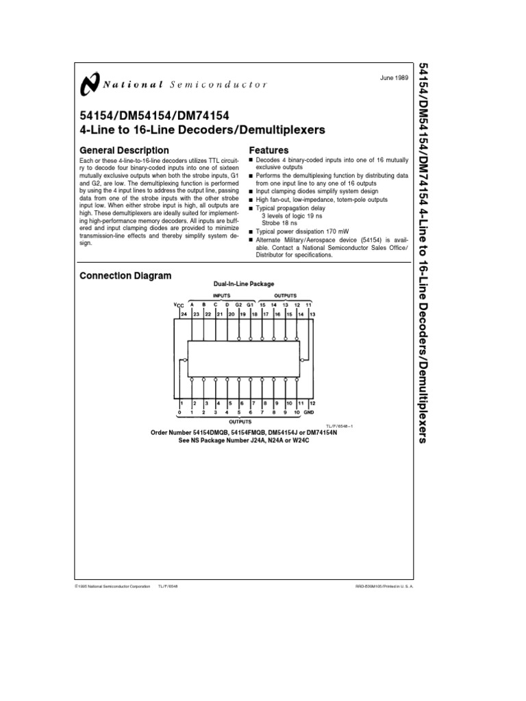 54154/DM54154/DM74154 4-Line To 16-Line Decoders/Demultiplexers | PDF