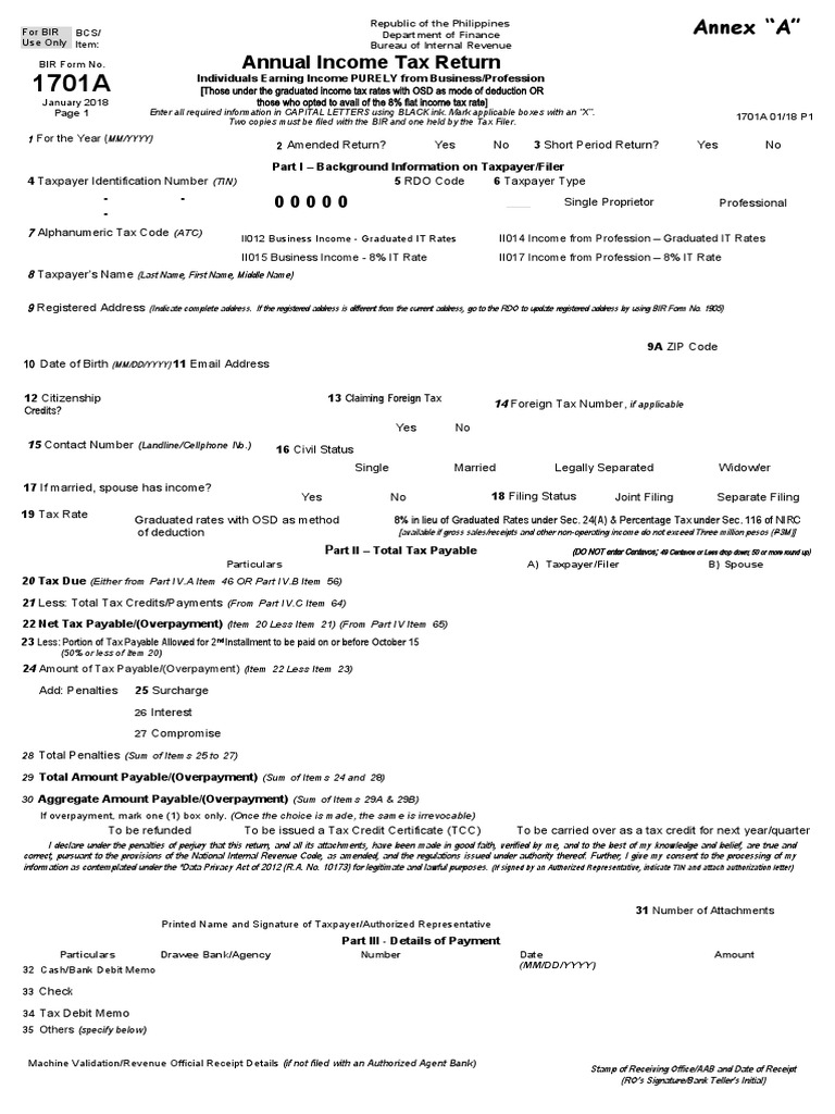 BIR Form 1701A: Annual Income Tax Return | PDF | Income Tax | Taxes