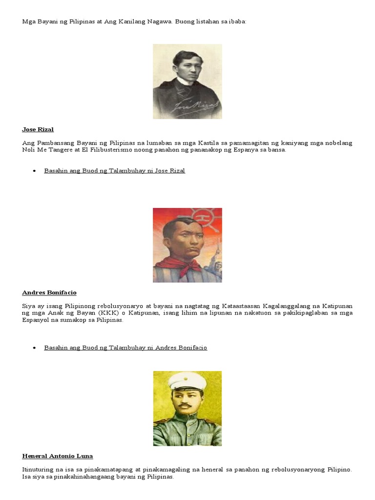 Mga Bayani Ng Pilipinas At Kanilang Larawan