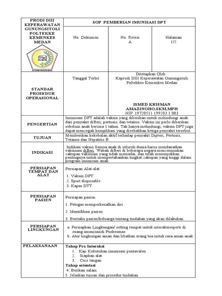Standar Prosedur Pemberian Imunisasi DPT | PDF