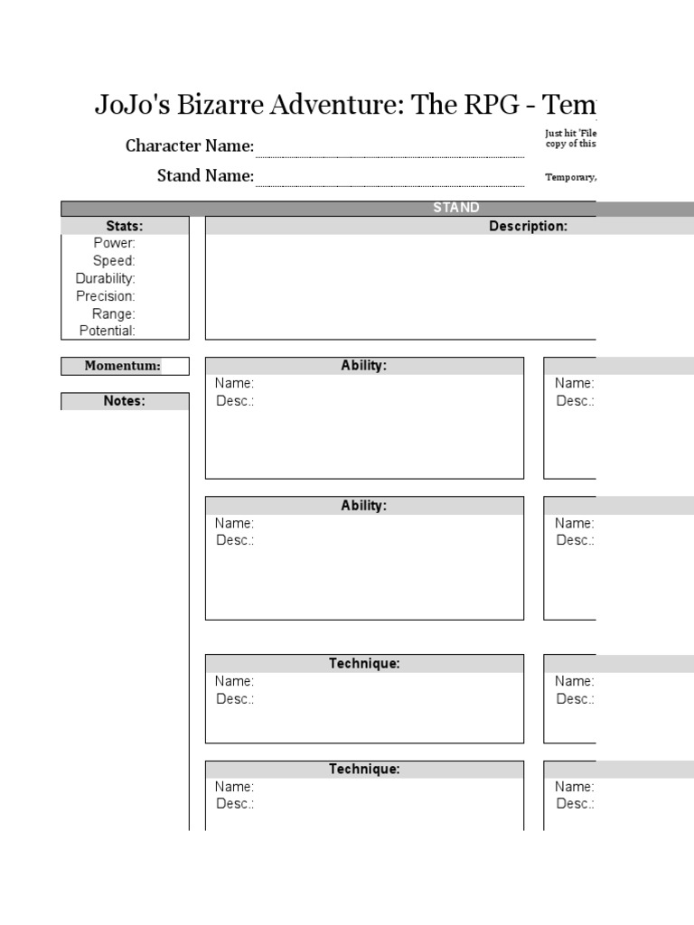 Jojo'S Bizarre Adventure: The RPG - Temp. Character Sheet: Character ...