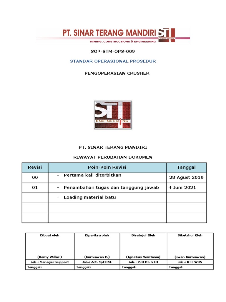 SOP-STM-OPS-009 Crusher Operation | PDF