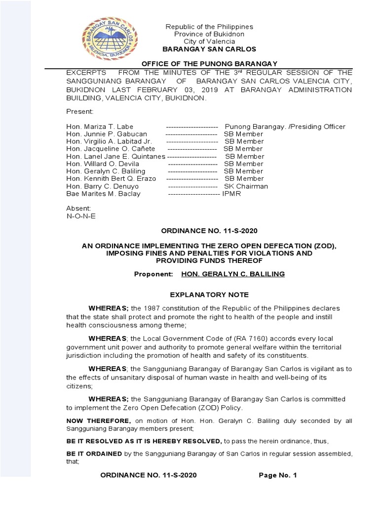 11-S-2020 Zero Open Defecation | PDF | Local Ordinance | Fine (Penalty)
