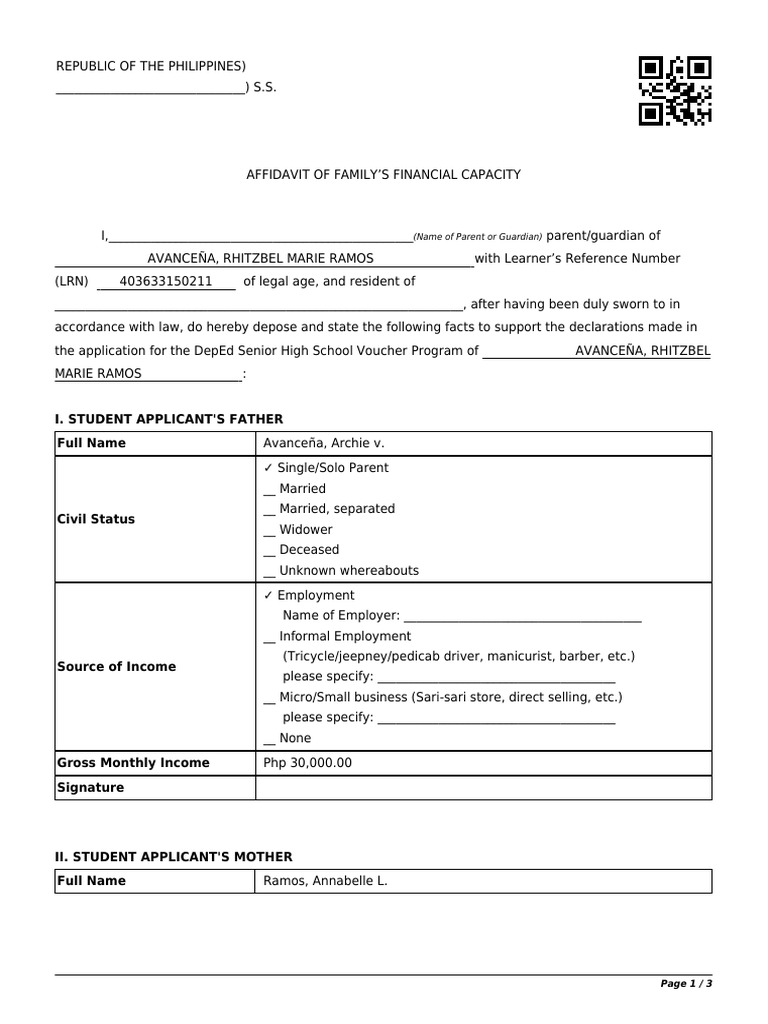 21 AB1DF8TJ Affidavit of Family Financial Capacity | PDF | Affidavit ...