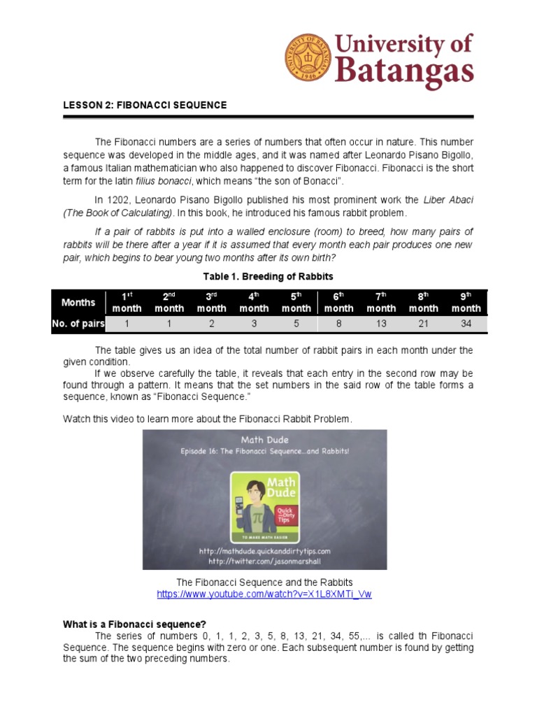 Module 1 Lesson 2 - FIBONACCI SEQUENCE | PDF | Mathematical Analysis ...