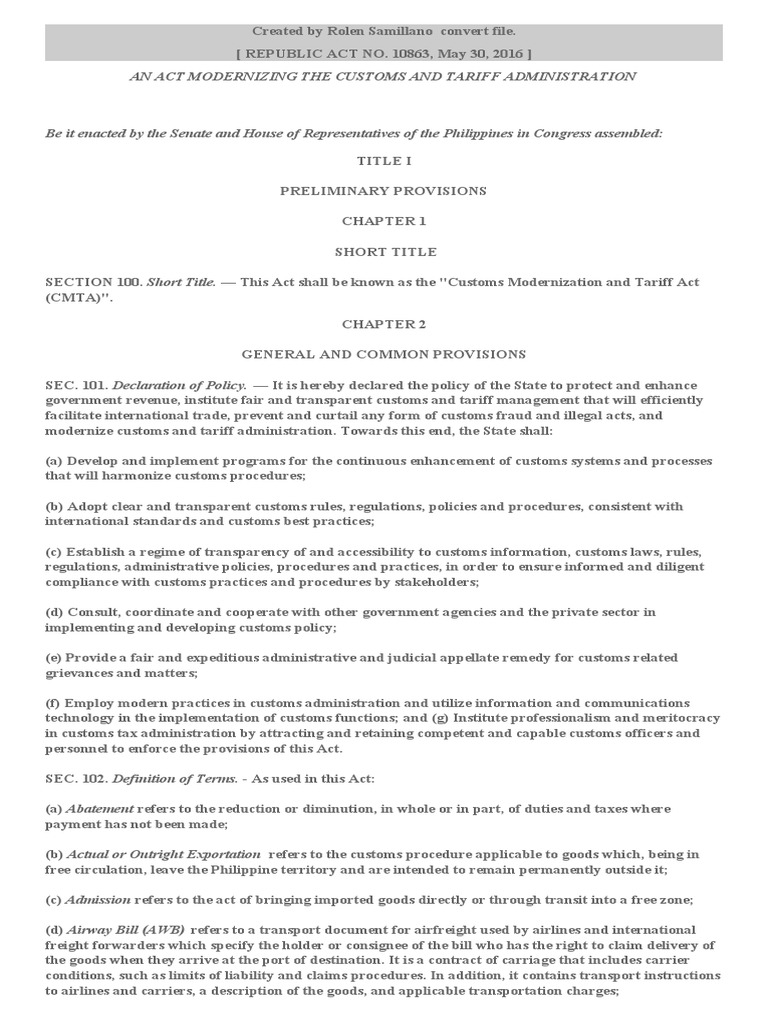 Cmta Ra 10864 File | PDF | Customs | Government