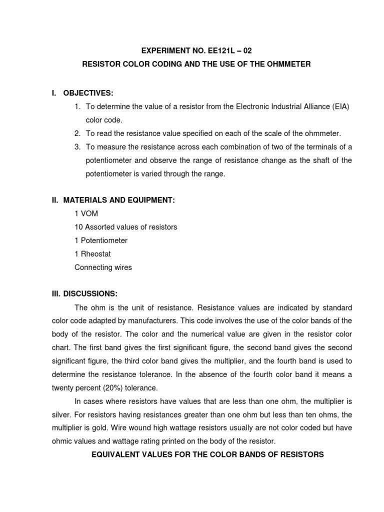 EXPERIMENT NO 2 - Resisotor Color Coding and Use of Ohmmeter | PDF ...