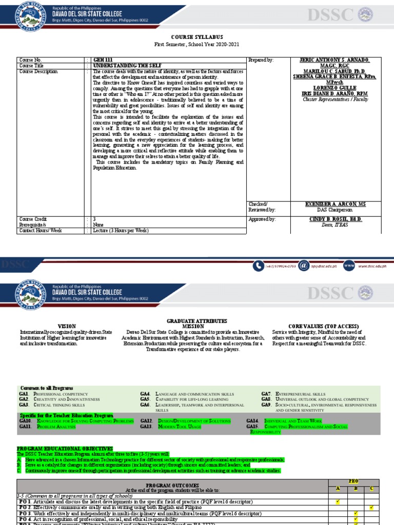 First Semester, School Year 2020-2021: Course Syllabus | PDF ...