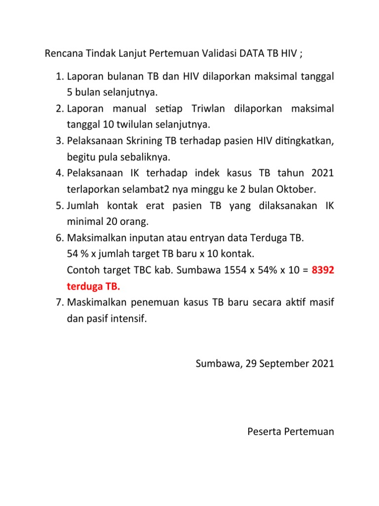 Rencana Tindak Lanjut Pertemuan Validasi DATA TB HIV | PDF