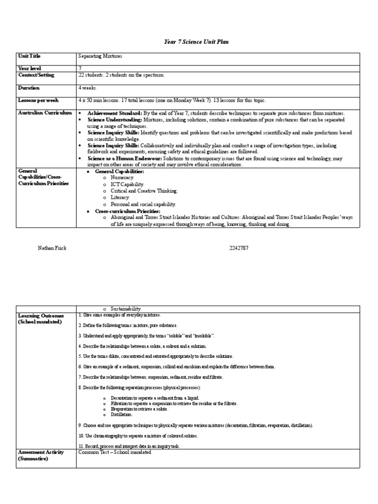 Year 7 Science Unit Plan | PDF | Solution | Solubility