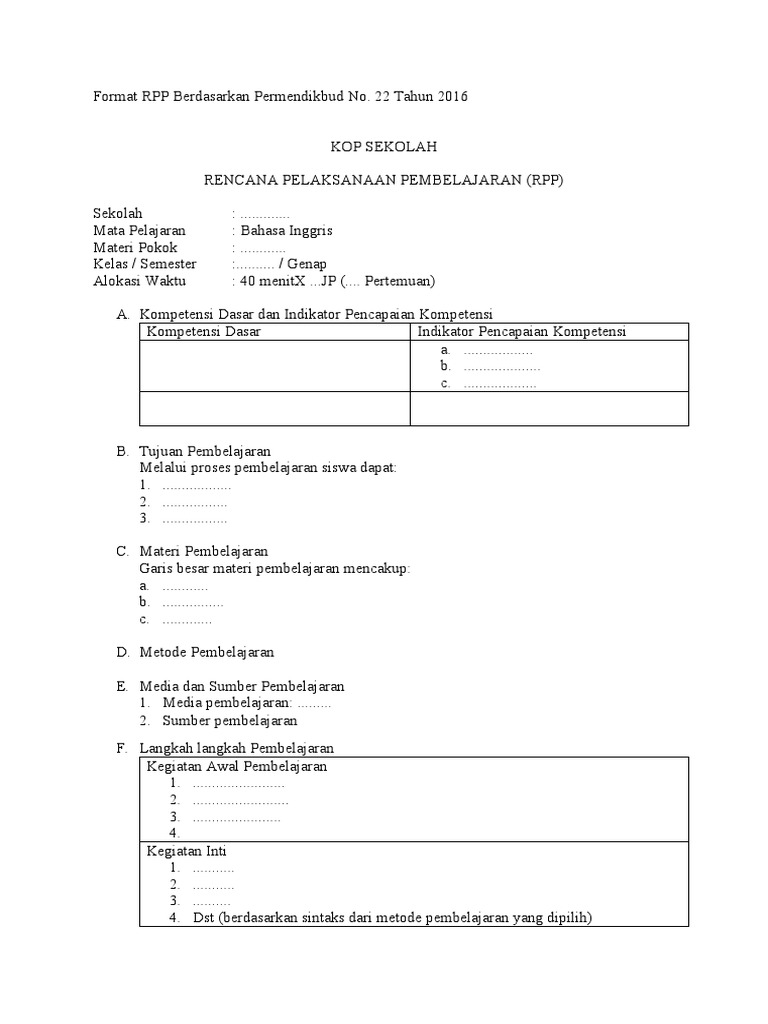 Format RPP Sesuai Permendikbud 2016 | PDF | Seni