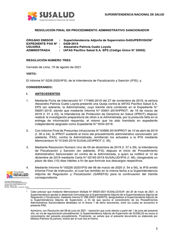 Res. Final #Tres - PAS 428-2019 (F) (1) (F) (1) Susalud | PDF | Póliza de seguros | Ley Pública