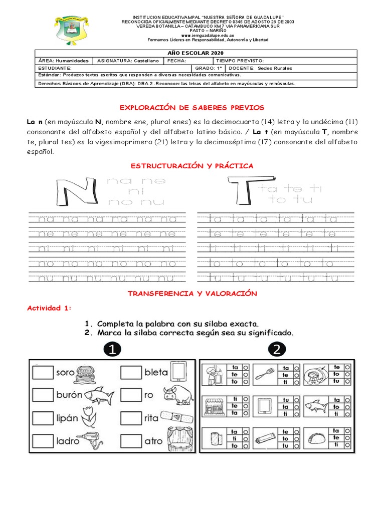 Guia # 1 Castellano - Primero - Consonantes | PDF