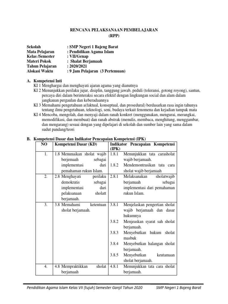 RPP Sholat Berjamaah | PDF