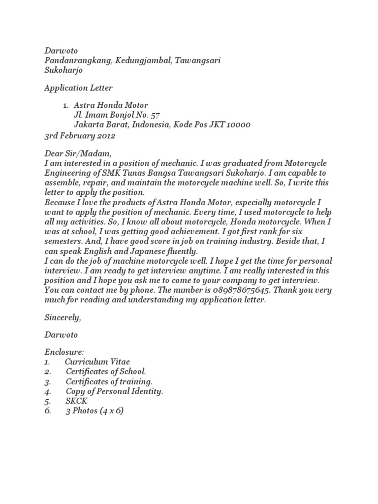 Application Letter for Mechanic Position | PDF | Career & Growth