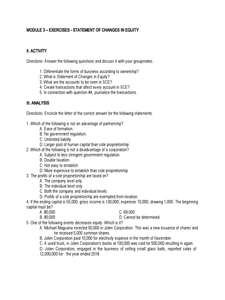 FABM2 Module 3 Exercises - Statement of Changes in Equity | PDF | Equity (Finance) | Retained ...