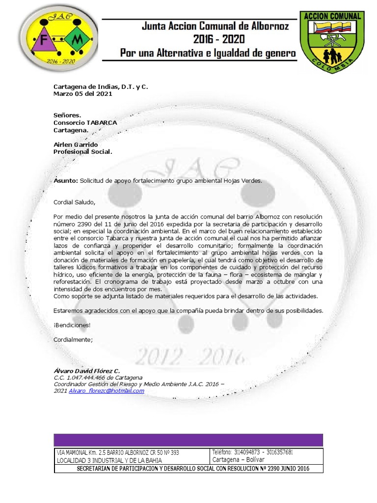 Carta Consorcio TABARCA - Solicitud Fortalecimento Gruo Ambiental Hojas Verdes. | PDF