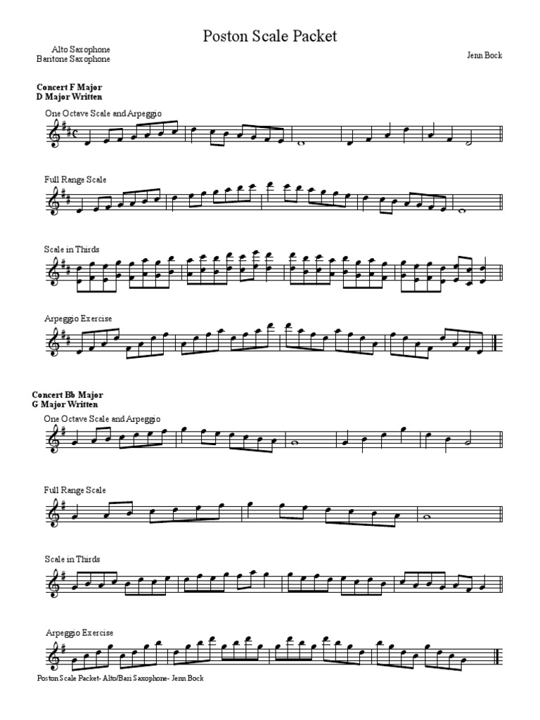 Poston Scale Packet: Concert F Major D Major Written | PDF | Saxophone ...