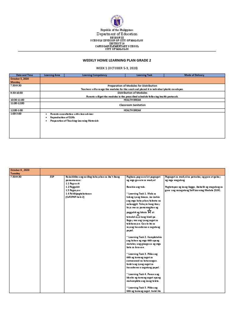 Grade 2 Sunflower Weekly Home Learning Plan Week 1 | PDF