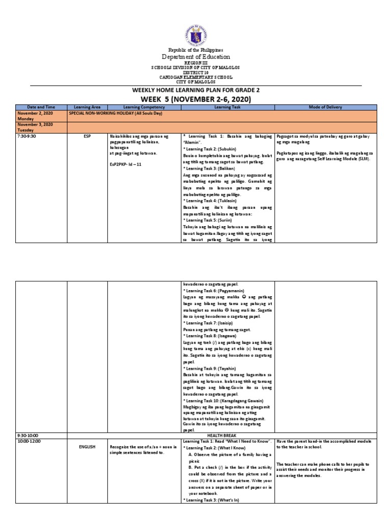 Grade 2 Sunflower Weekly Home Learning Plan Week 5 | PDF