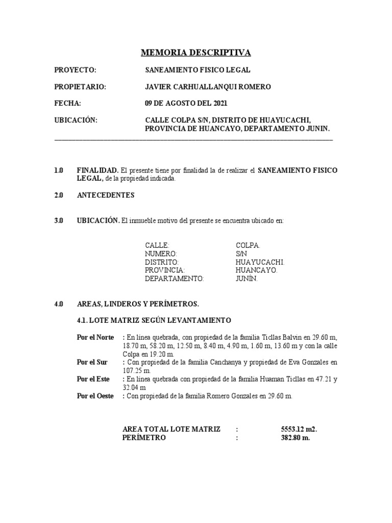 Memoria Descriptiva Lote Colpa | PDF