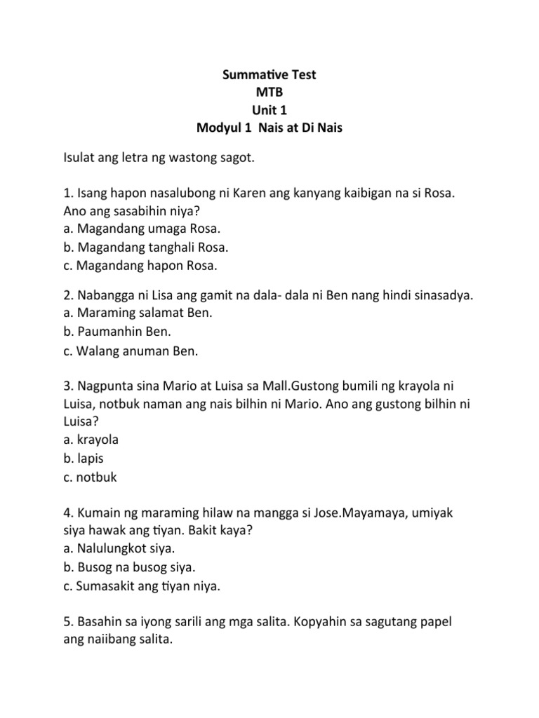 MTB Summative Test 1st QUARTER | PDF