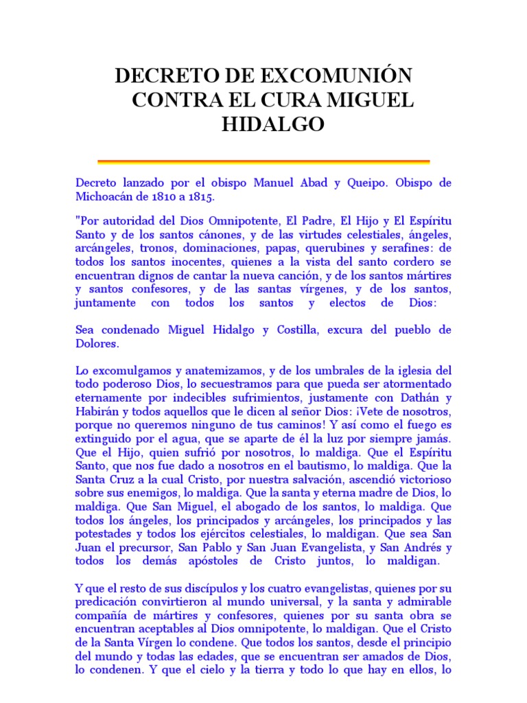 Decreto de Excomunión Contra El Cura Miguel Hidalgo | PDF | Santo ...