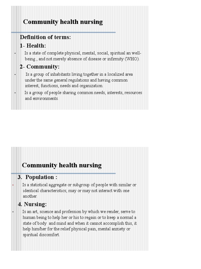 Community Health Nursing: Definition of Terms: 1-Health | PDF | Nursing ...