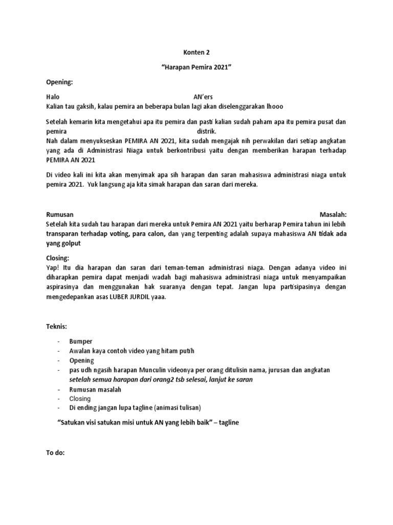 Script Konten 2 PEMIRA - Harapan Pemira 2021 | PDF
