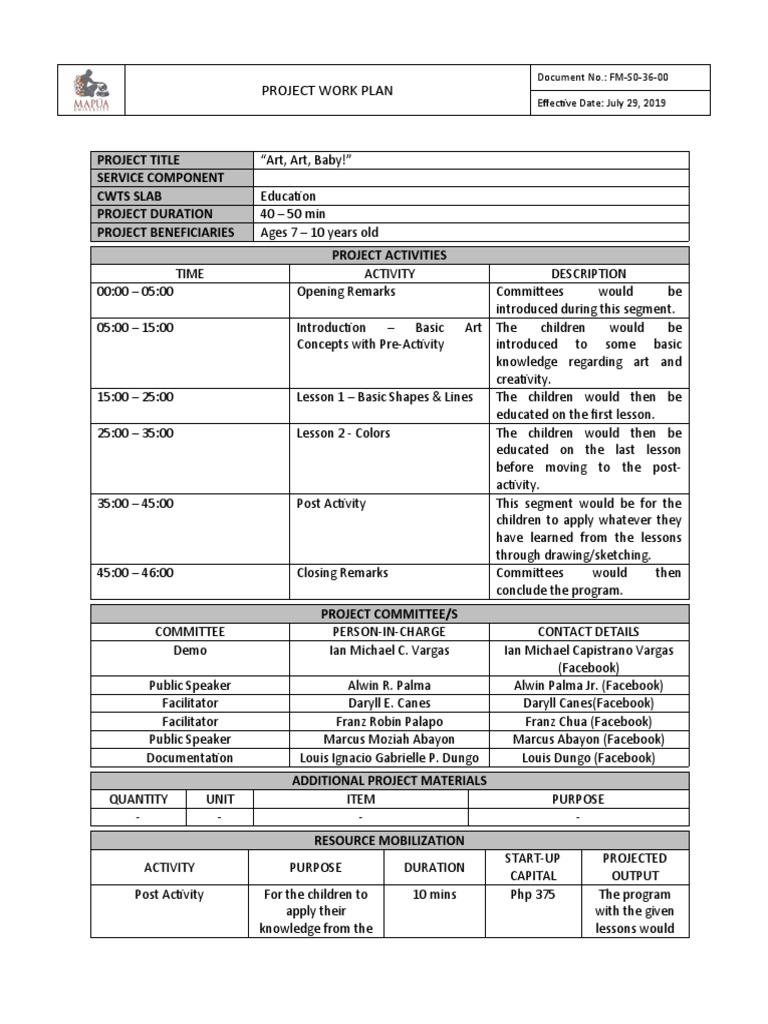 Project Work Plan: Project Title Service Component Cwts Slab Project ...