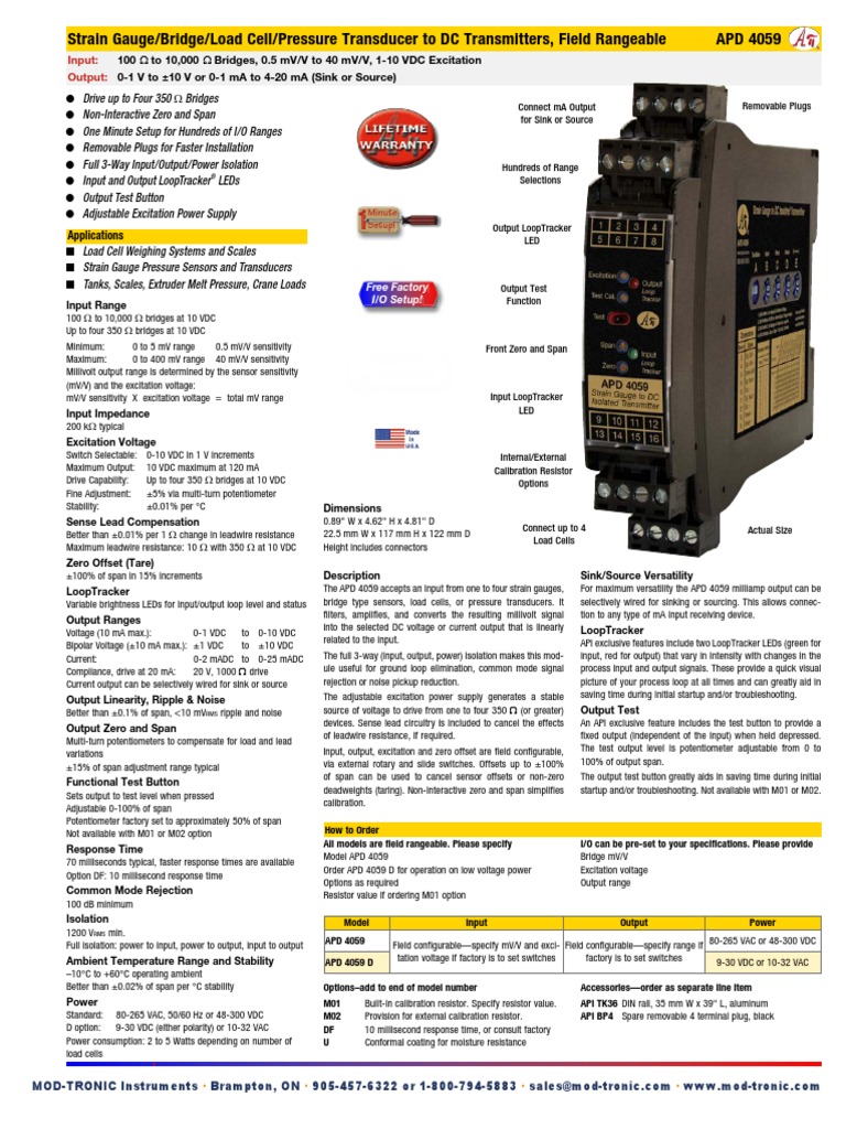 Strain Gauge/Bridge/Load Cell/Pressure Transducer To DC Transmitters, Field Rangeable APD 4059 ...