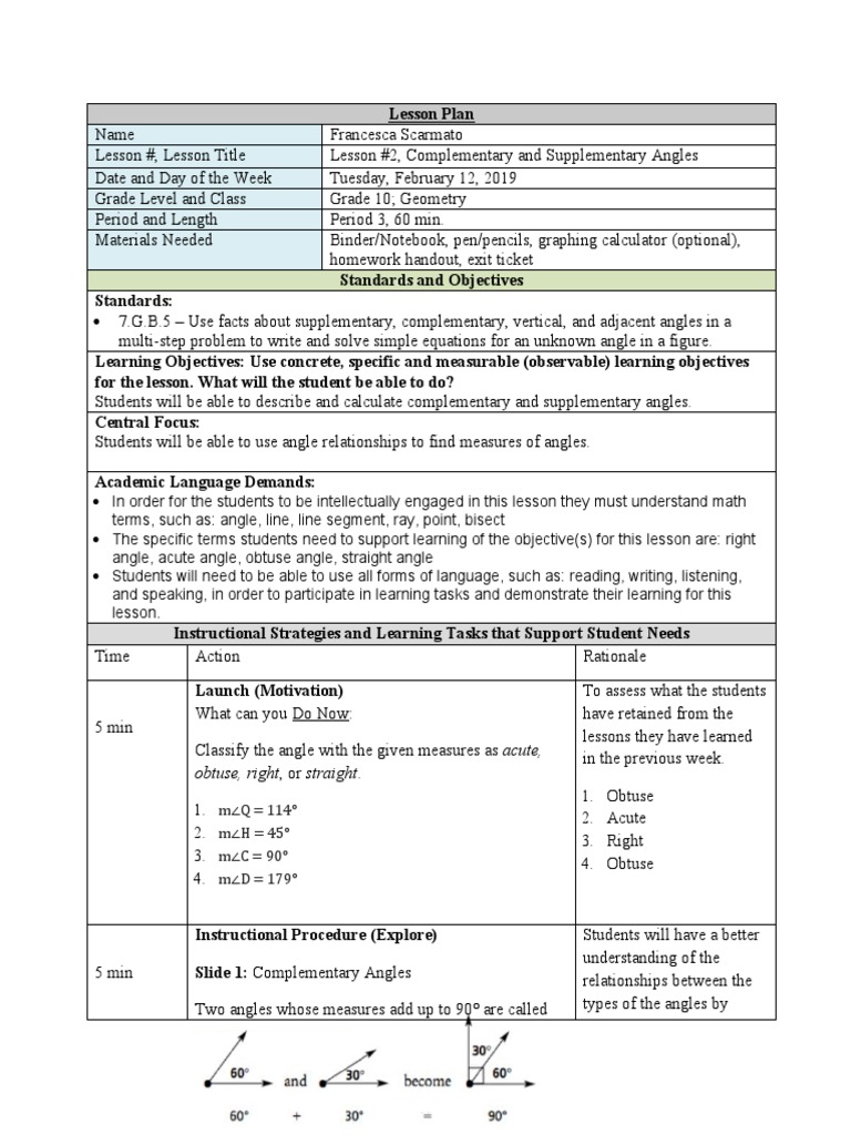 Supplementary and Complementary Angles Lesson | PDF | Angle | Lesson Plan