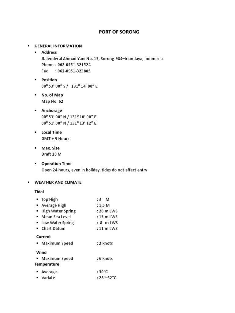 Sorong Port Information | PDF | Tide | Water Transport