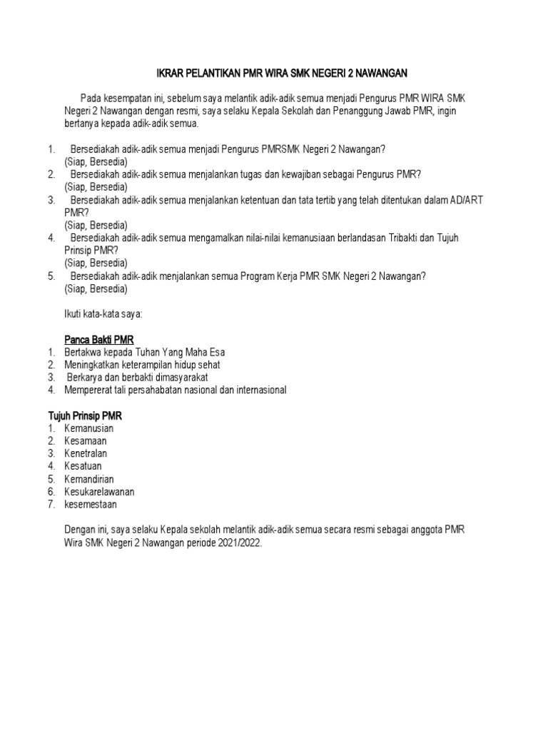 Ikrar Pelantikan PMR Wira SMK Negeri 2 Nawangan | PDF Ikrar Pelantikan PMR Wira SMK Negeri 2 Nawangan | PDF