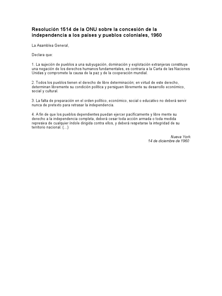 Resolución 1514 de La ONU Sobre La Concesión de La Independencia A Los ...