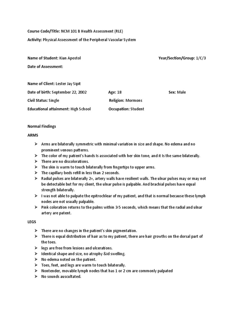 Peripheral Vascular System Assessment | PDF