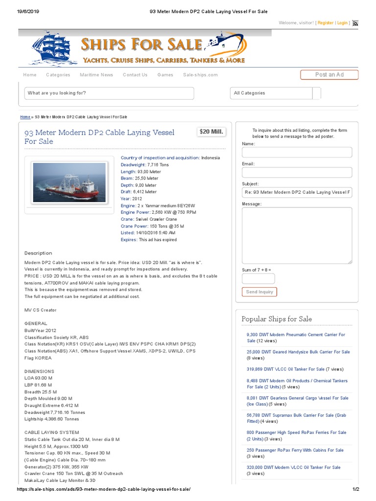 93 Meter Modern DP2 Cable Laying Vessel For Sale | PDF | Oil Tanker ...