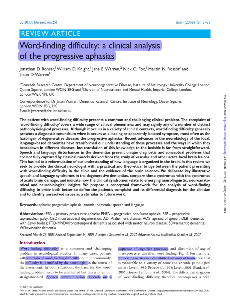 Afasia - Word Finding Dicciculty 1 | PDF | Aphasia | Speech