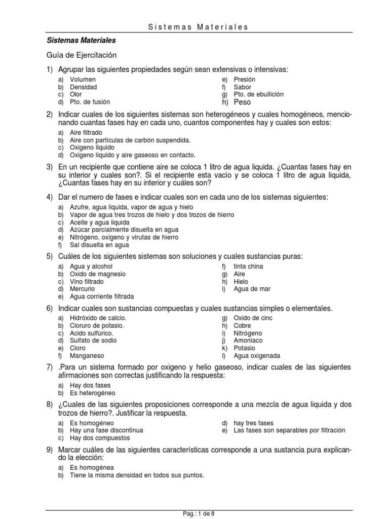 Sistemas Materiales Guia de Ejercicios | PDF | Densidad | Agua