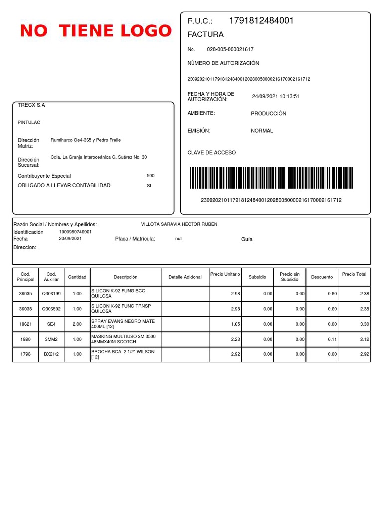 Factura de venta de productos de pintura por un valor total de $14.67 ...