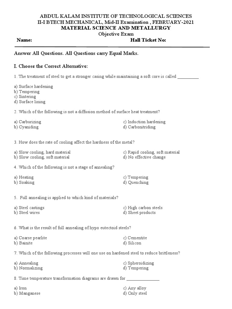 Mid2 Objective Paper | PDF | Steel | Annealing (Metallurgy)