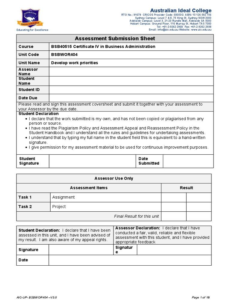 Assessment Submission Sheet: Australian Ideal College | PDF | Accounts ...
